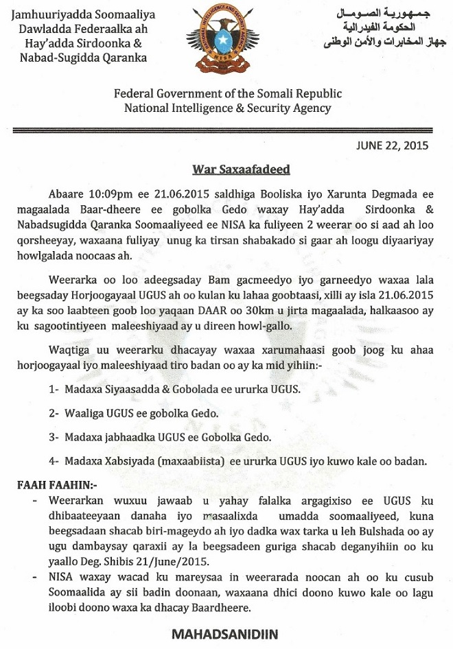 Wararka Maanta: Isniin, Jun 22, 2015-WAR-SAXAAFADEED: Sirdoonka Somalia ...